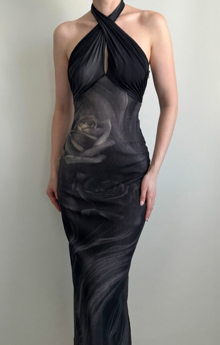 CAVALLI CLASS 2000 Black Rose Print Halter Neck Dress (M) - Emerieu