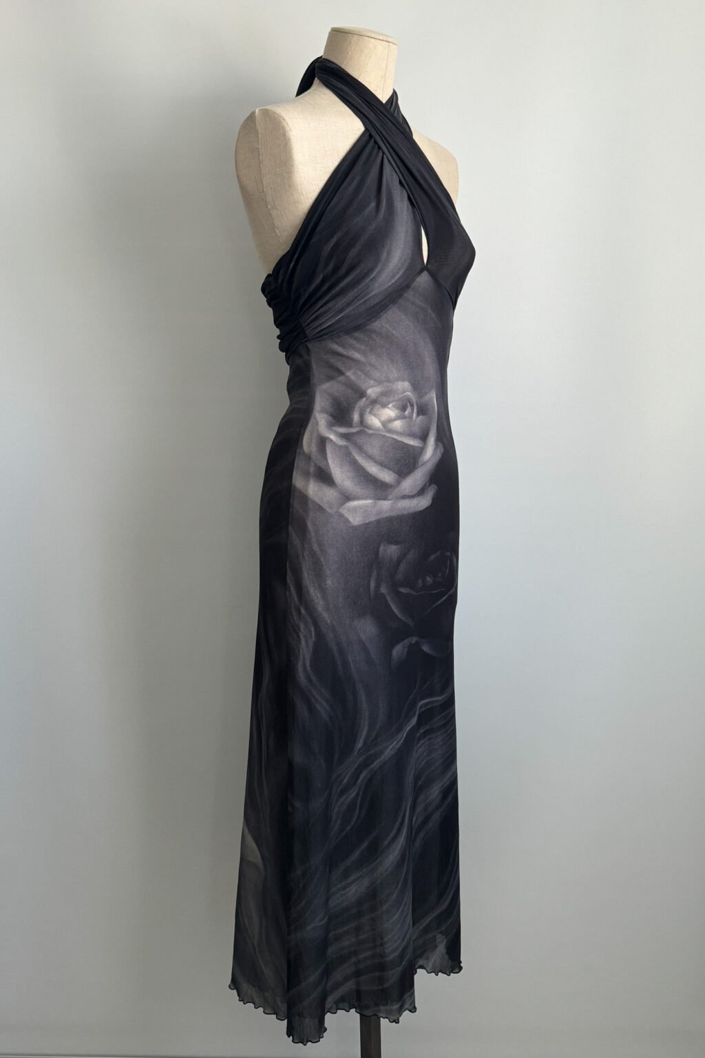 CAVALLI CLASS 2000 Black Rose Print Halter Neck Dress (M) - Emerieu