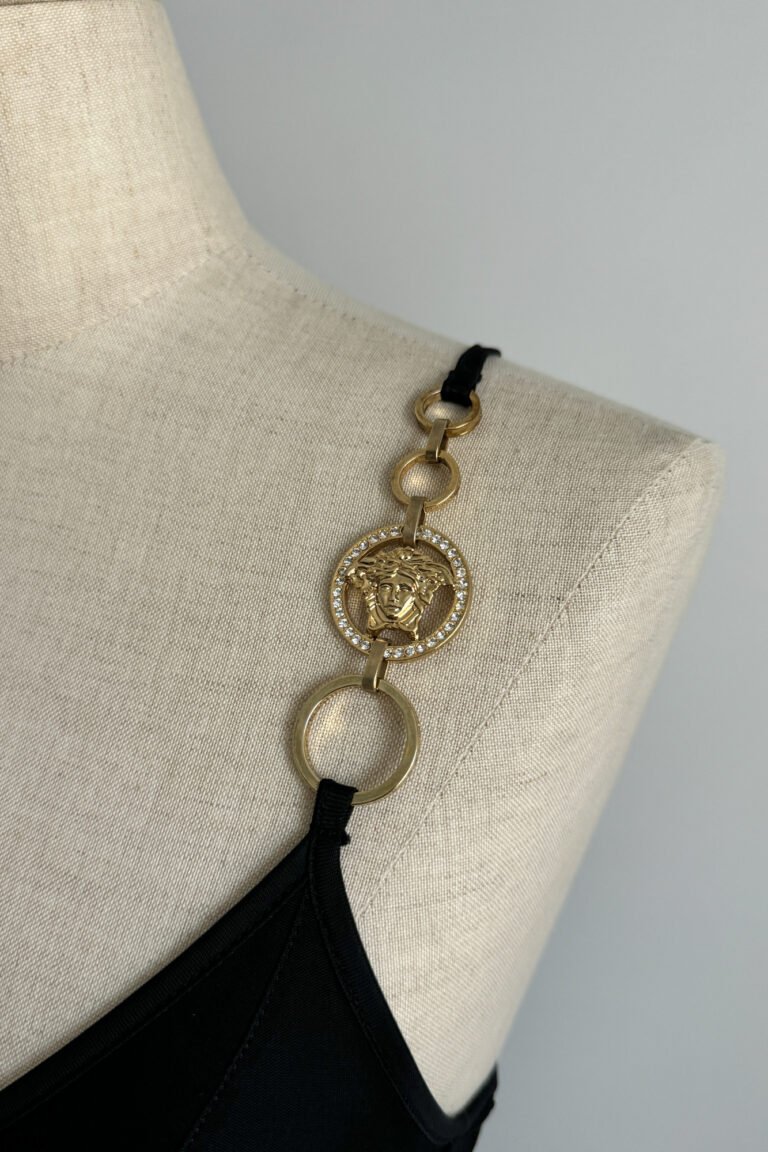 VERSACE 2000s Black Slip Dress with Chain Link Medusa Accent (S) - EMERIEU